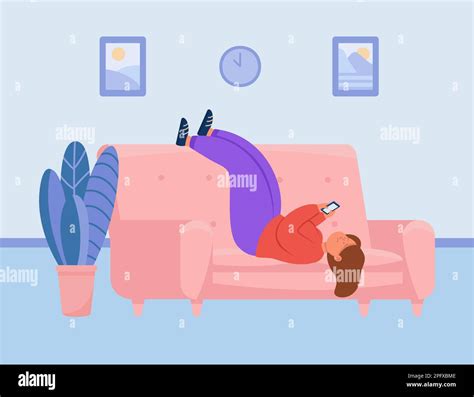 Depressed Girl Lying On Sofa And Looking At Phone Screen Stock Vector Image And Art Alamy