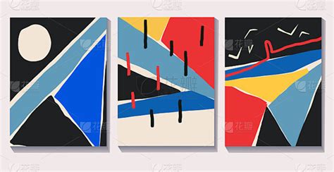 彩色矢量集抽象新塑主义和立体主义艺术风格。蒙德里安风格的原色绘画。用于印刷和墙壁艺术。