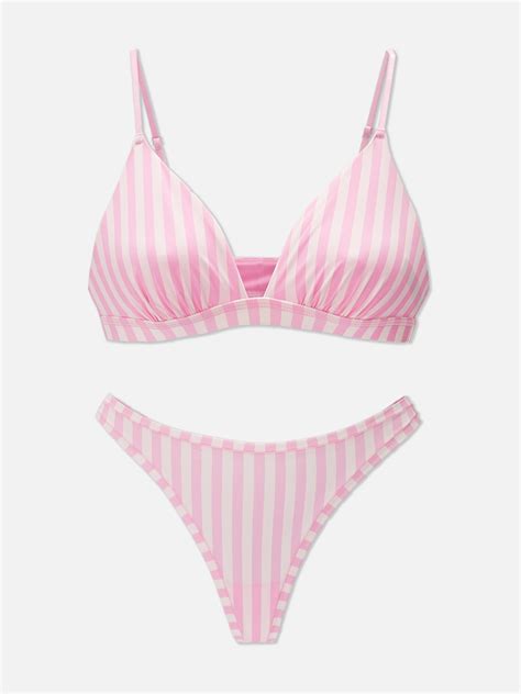 Womens Pink Pink Stripe Triangle Bra And Thong Set Primark