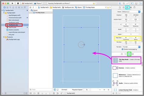 【swift】spritekitの使い方。sktilemapnodeで碁盤の目にタイルを配置してマップを作成する。swift 30