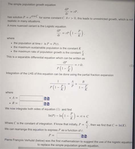 Solved The Simple Population Growth Equation Dp Dr Has