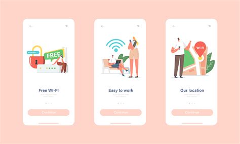 무료 Wifi 핫스팟 서비스 모바일 앱 페이지 온보드 화면 템플릿 거대한 라우터의 문자는 인터넷 연결을 사용 개념에 대한 스톡