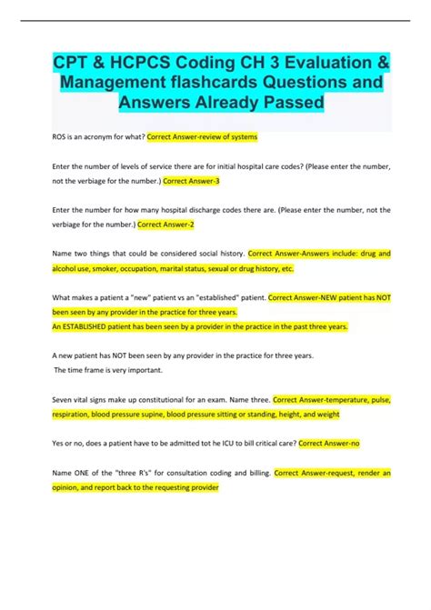 cpt and hcpcs coding ch 3 evaluation and management flashcards questions and answers already passed
