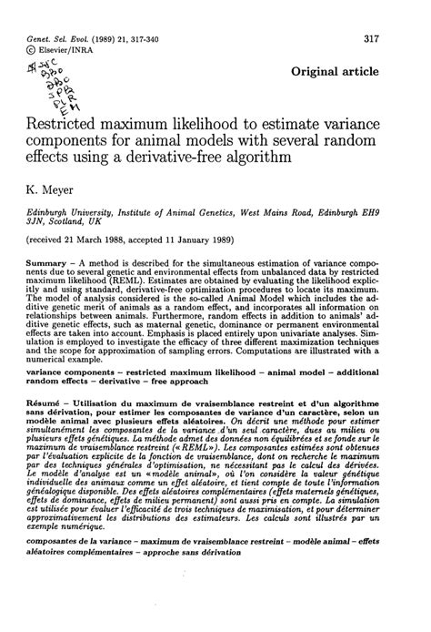 Pdf Restricted Maximum Likelihood To Estimate Variance Components For