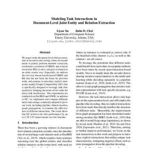 Modeling Task Interactions In Document Level Joint Entity And Relation Extraction Acl Anthology