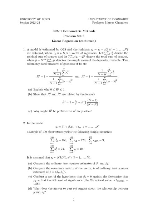 Problem Set University Of Essex Department Of Economics Session Professor Marcus
