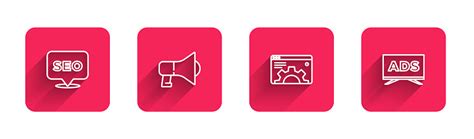 라인 Seo 최적화 확성기 브라우저 설정 및 긴 그림자가 있는 광고를 설정합니다 빨간색 사각형 버튼입니다 벡터 Crash Site에 대한 스톡 벡터 아트 및 기타 이미지