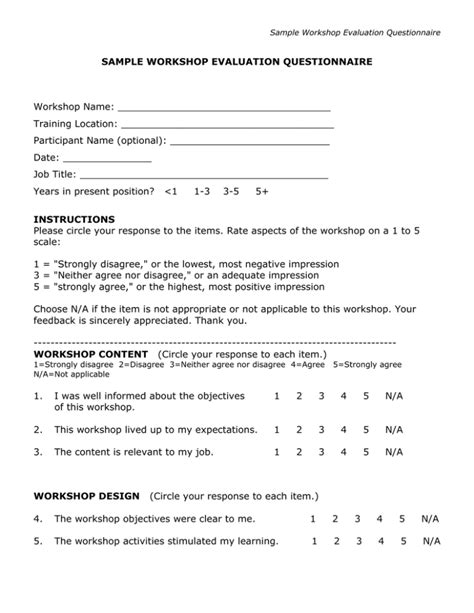 Workshop Evaluation Questionnaire Template