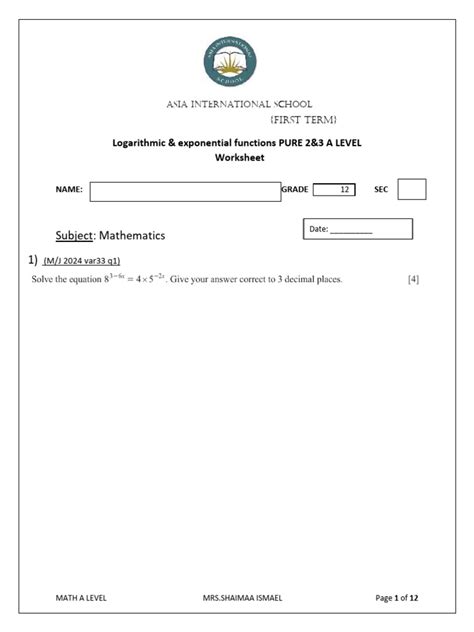 logarithmic and exponential functions pure 2and3 a level worksheet asia pdf