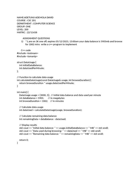 Csc 201 Assignment Ademola Adetunji David Pdf Namespace Object