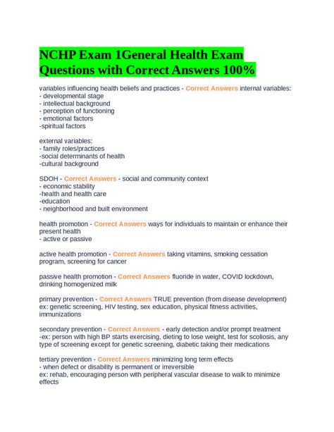 NCHP Exam 1General Health Exam Questions With Correct Answers 100 Exams Health Sciences Docsity