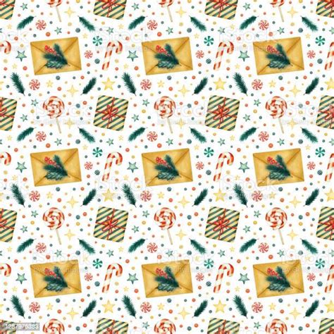 수채화 전통적인 크리스마스 요소와 원활한 패턴 공예 편지 봉투 선물 상자 전나무 사탕 과자 디자인 프린트를 위한 홀리데이 핸드 그린 배경 겨울에 대한 스톡 벡터 아트 및