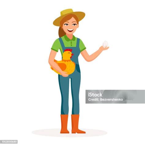 쾌활 한 여자 농부는 달걀을 들고 하 고 귀여운 암 탉에 손을 흰색 배경에 고립 된 평면 디자인에 만화 캐릭터 닭 농장 달걀 벡터 일러스트 레이 션 가금류 농업 개념입니다