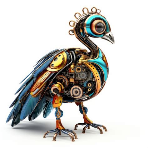 Premium Ai Image Colorful Peacock Robot Robotic Bird Isolated Over