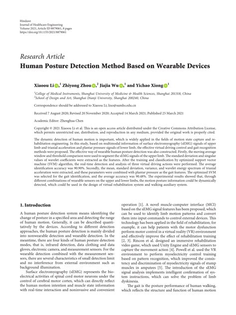 Pdf Human Posture Detection Method Based On Wearable Devices