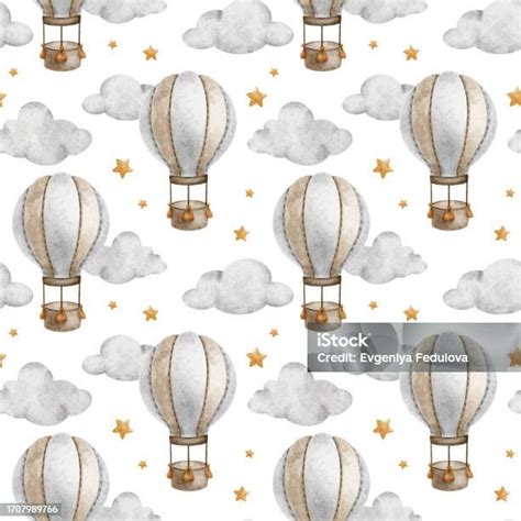 바구니 구름 별이 있는 열기구 수채화 원활한 패턴입니다 귀여운 아기 배경입니다 아이의 용품 옷 직물 엽서 베이비 샤워 벽지 및