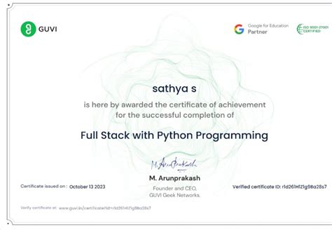 Sathya S On Linkedin Python Guvi Certificate