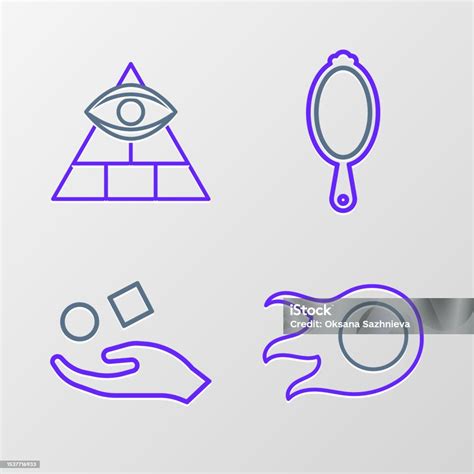 세트 라인 파이어 볼 큐브 공중에 떠 있음 매직 미러 및 메이슨 아이콘 벡터 Freemasons에 대한 스톡 벡터 아트 및 기타