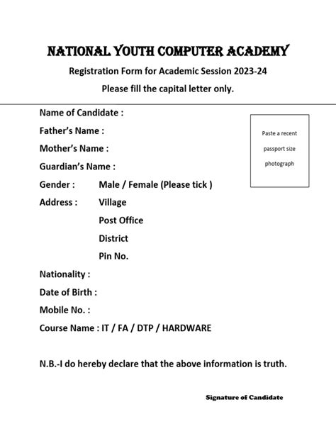 National Youth Computer Academy Registrationform Pdf