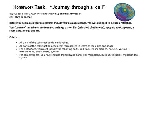 Year 8 Cell Project Rubric Homework Task “journey Through A Cell” In