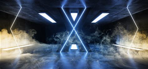 연기 공상 과학 소설 네온 외계인 미래 지향적 반사 그런 지 콘크리트 빈 홀 복도 형광 호화 스러운 빛나는 파란 노란 빛 화살표 3d 렌더링 0명에 대한 스톡 사진 및 기타