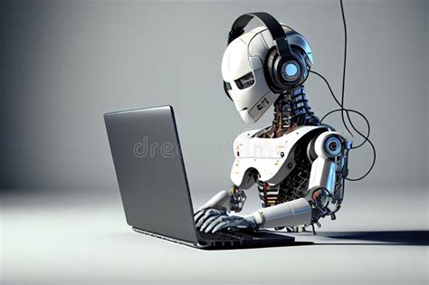 3d Rendering Humanoid Robot Working With Headset And Notebook Stock Illustration Illustration