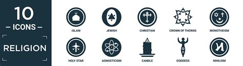 채워진 종교 아이콘 세트입니다 플랫 이슬람교 유대교 기독교 가시 면류관 일신교 거룩한 별 불가지론 촛불 여신 허무주의 아이콘을 편집 가능한 형식으로 포함합니다 불가지론에