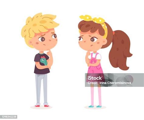 귀여운 소녀와 소년 생각 물음표는 머리 위에 서명 어린이 제스처 감정 기분의 유형의 벡터 문자 그림 사색에 대한 스톡 벡터 아트 및 기타 이미지 Istock