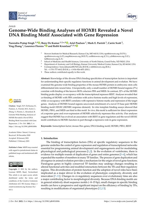 Pdf Genome Wide Binding Analyses Of Hoxb1 Revealed A Novel Dna Binding Motif Associated With