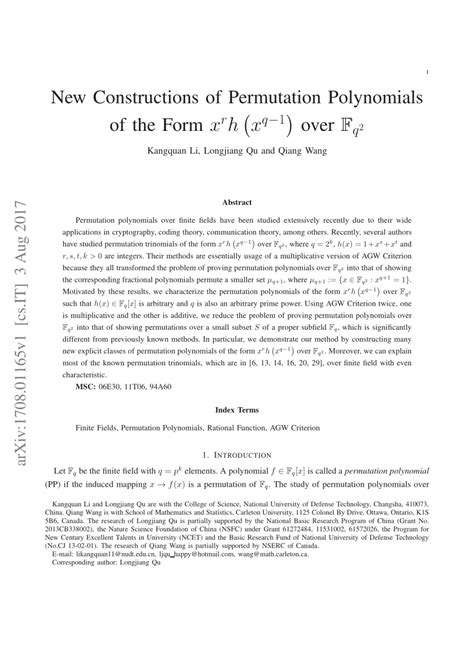 Pdf New Constructions Of Permutation Polynomials Of The Form Xrhleftx Q 1 Right Over