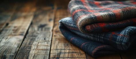 Premium Photo Text Space Available On Wooden Table With Soft Plaid Stack