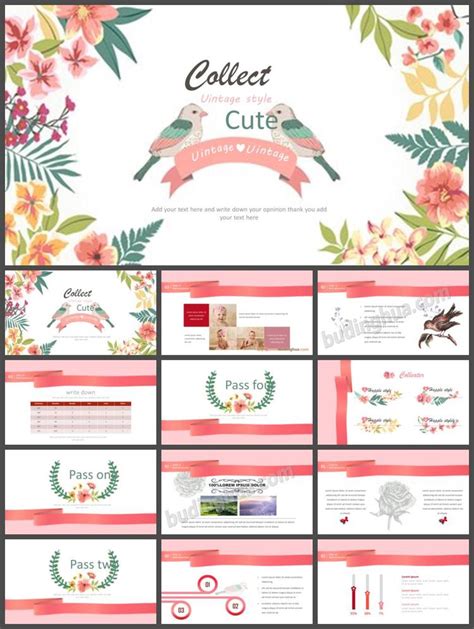 简约古典小清新复古欧式花鸟幻灯片模版 Ppt模板素材 Aippter