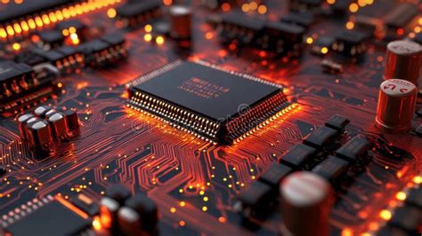 A Focused Shot Of A Glowing Microchip On A Circuit Board Illustrating Modern Technology Stock