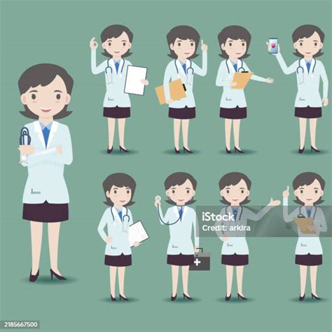 여의사 캐릭터 세트 다양한 포즈와 감정 벡터 일러스트 레이 션 건강관리와 의술에 대한 스톡 벡터 아트 및 기타 이미지 건강관리와 의술 구급대원 디자인 Istock