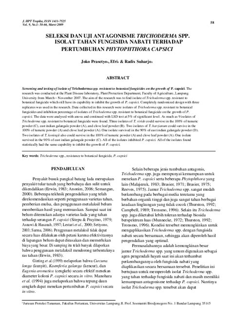 Pdf Seleksi Dan Uji Antagonisme Trichoderma Spp Isolat Tahan Fungisida Nabati Terhadap
