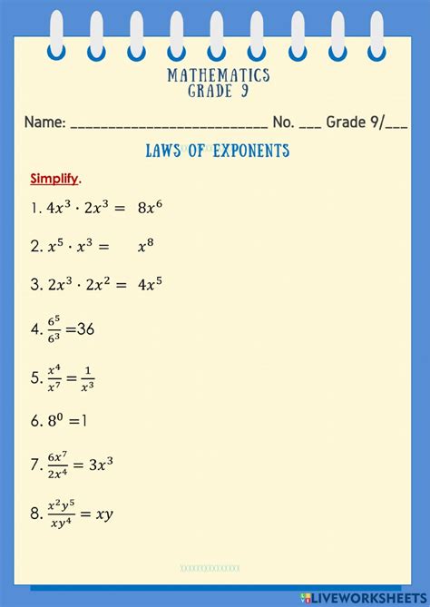 Laws Of Exponents Online Worksheet For Grade 9 Exponent Worksheets Exponents Worksheets
