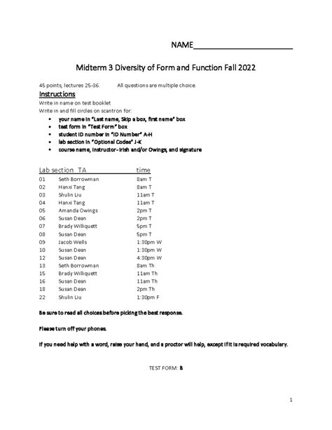 Midterm 3 Form B Key NAME Midterm 3 Diversity Of Form And Function Fall