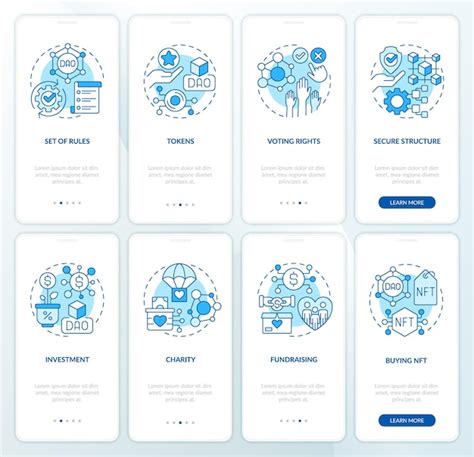 Premium Vector Dao Elements And Usage Purpose Blue Onboarding Mobile App Screens Set