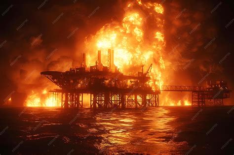 Fiery Inferno Engulfs Offshore Rig Concept Oil Spill Crisis Environmental Disaster Offshore Rig