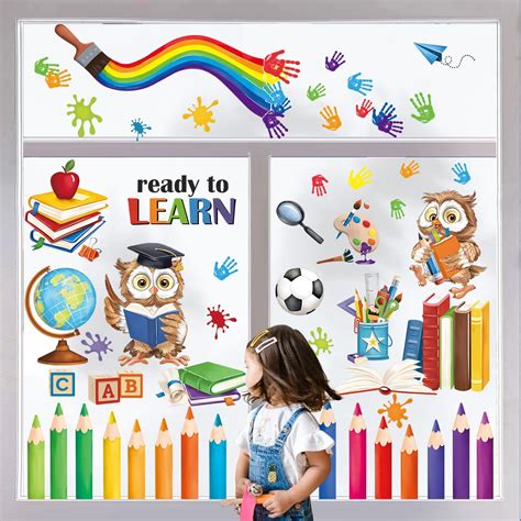 9 Sheets Back To School Window Clings Pencil Double Sided Window Stickers Colorful