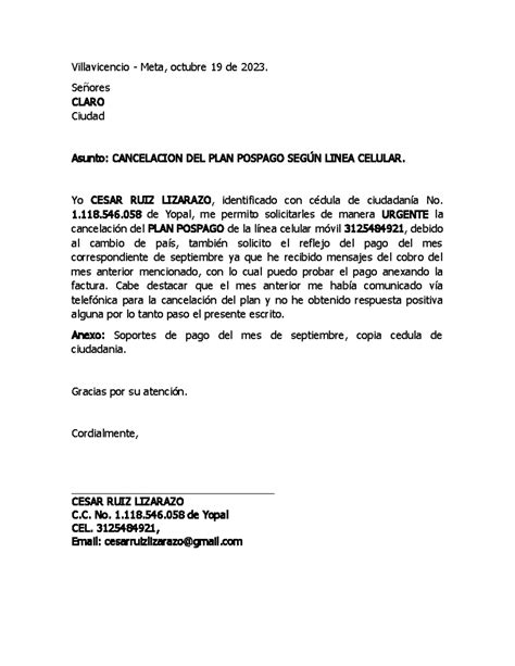 Carta Cancelacion Plan Hogar Claro Villavicencio Meta Octubre 19