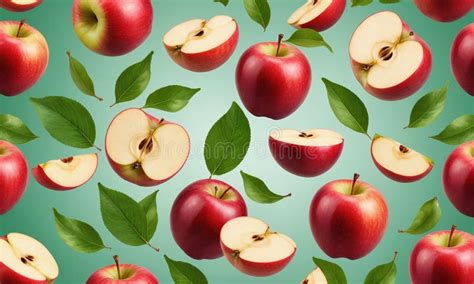 Apples With Half Slices Falling Or Floating In The Air With Green Leaves Isolated On Background