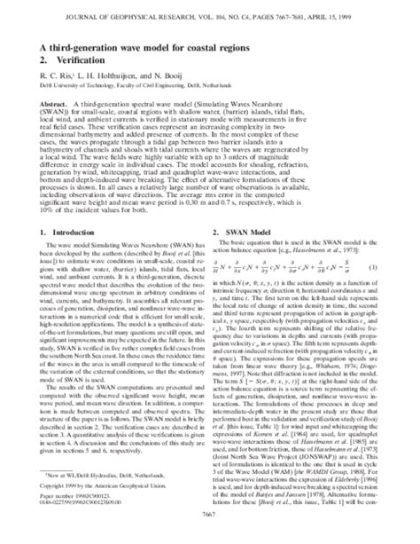 Pdf A Third Generation Wave Model For Coastal Regions Part I Model