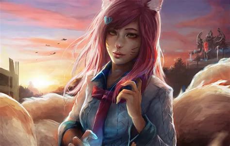 Wallpaper Girl Fox Shirt Ears League Of Legends Ahri Nine Tailed Fox For Mobile And