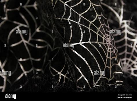 Fabric Cobweb Texture Halloween Decoration Closeup Black Cloth Stock