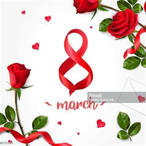 8 행진에 현실적인 장미와 사각형 벡터 인사말 카드 결혼식 생일 및 기타 휴일 초대 장으로 사용할 수 있습니다 다른 패턴과 세트를 쉽게 3월에 대한 스톡 벡터 아트 및 기타