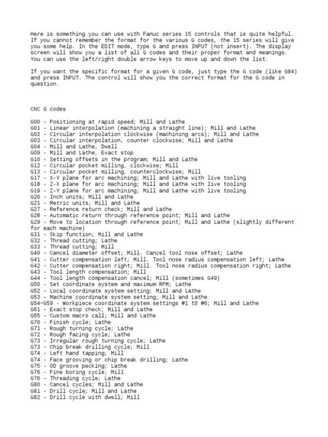 Fanuc G Codes Pdf Drilling Equipment