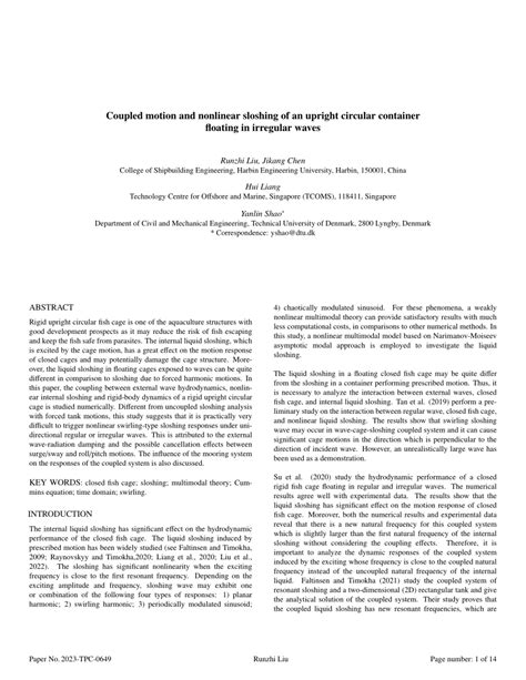 Pdf Coupled Motion And Nonlinear Sloshing Of An Upright Circular