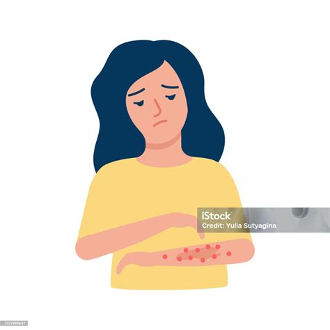 팔에 긁는 여자 발진 알레르기 피부에 여드름 가려운 피부 증상 질환으로 고통받는 소녀 벡터 일러스트레이션 긁음에 대한 스톡 벡터 아트 및 기타 이미지 Istock