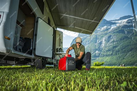 Premium Photo Running Portable Inverter Generator To Hook Up The Camper Van